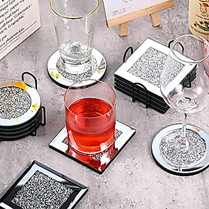 Mimorou 14 Pcs Glass Mirrored Coasters with Holder Set, 12 Round Square Crushed Diamond 4 Inch Bling Crystal Cup Mat 2 Black Decor on Tabletop for Coffee Dining Table