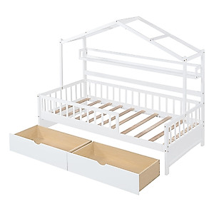Harper & Bright Designs Twin House Bed with 2 Storage Drawers, Kids Twin Platform Bed Frame with Storage Shelves, Fence and Roof, Tent Bed, Wood Playhouse Bed Twin for Kids Teens Girls & Boys (White)
