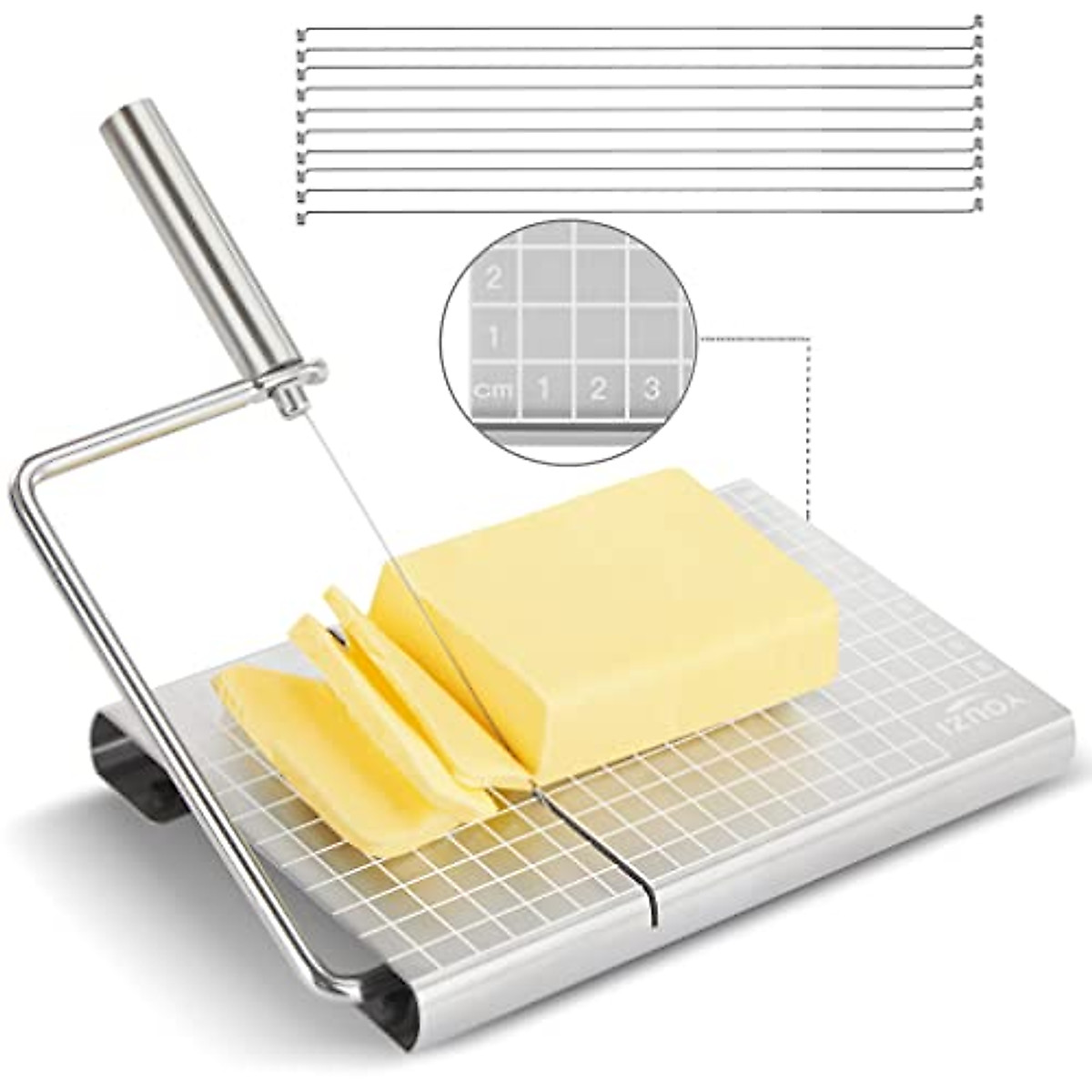 Cheese Slicer & Cheese Cutter | Stainless Steel cheese slicer with 10 Replacement-wires | Cheese Cutter for Block Cheese Metal Cheese Slicer Cutting Board Kitchen Gadgets Gift Set for Cheese Butter
