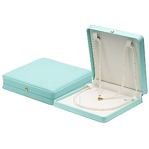 COWFEX Long Pearl Chain PU Necklace Gift Box Display Case Storage Holder (Blue)