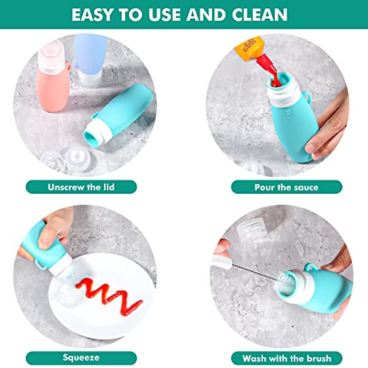 Webake 3oz Squeeze Salad Dressing Bottles with Cleaning Brush, 4 Pack Small Salad Dressing Container to Go