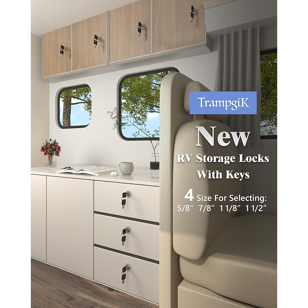 Trampgik RV Storage Locks, 1 1/2” Camper Compartment Storage Door Locks with Keys, for RV Camper Travel Trailer,Drawer Cabinet Toolcart Storage, 1 1/2 Inch 5 Locks with 10 Keyed Alike, Chrome