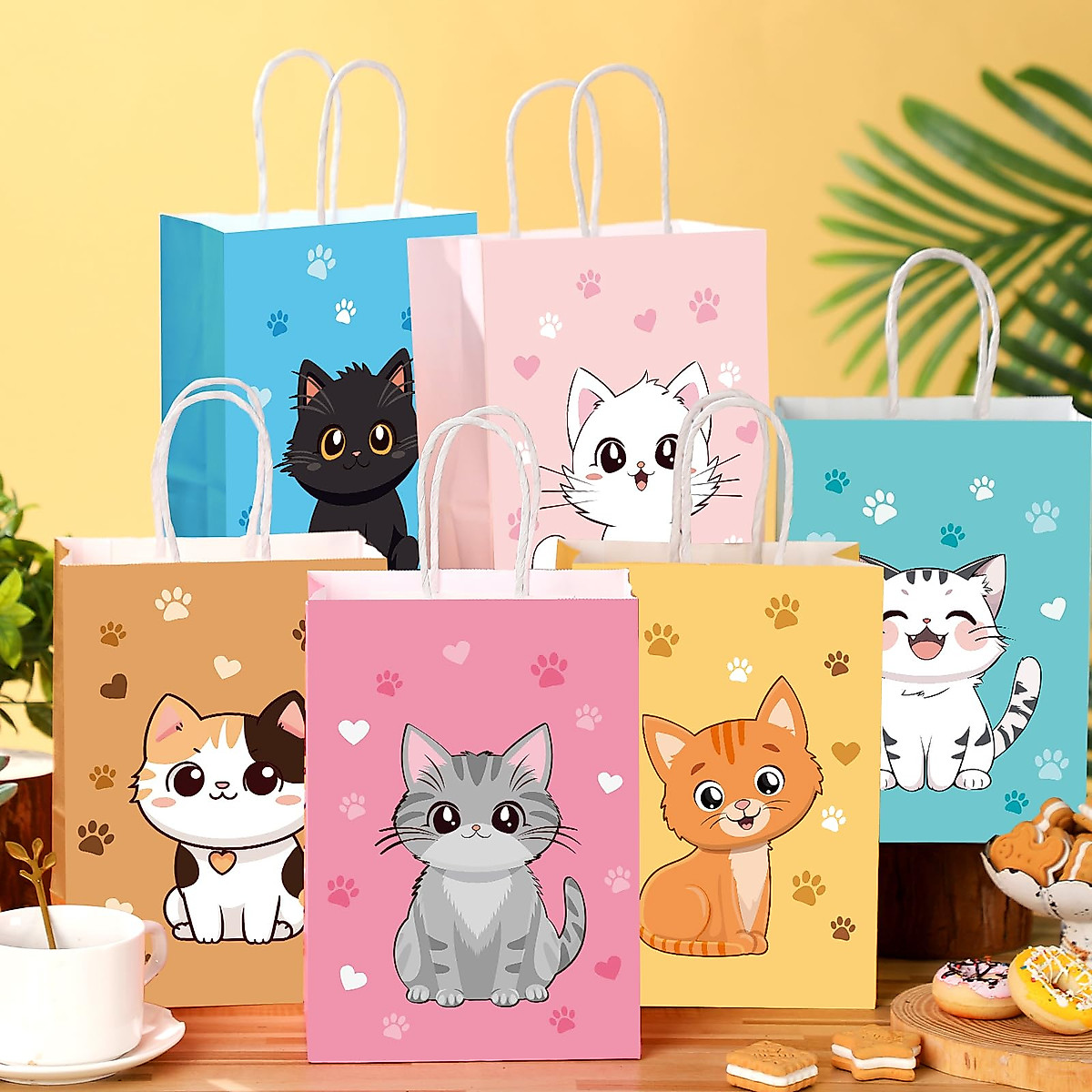 Zhanmai 24 Pcs Cat Goodie Bags Cat Party Favor Kitty Gift Bags with Handles Cat Candy Treat Paper Bags for Kids Cat Birthday Party Decoration Supplies for Pet Adoption