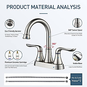 Bathroom Sink Faucet GENBONS 4 Inch 2 Handle Centerset Bathroom Faucet Brushed Nickel Bath Sink Faucet with Pop-up Drain Stopper and Supply Hose, Bathroom Faucets California Compliant