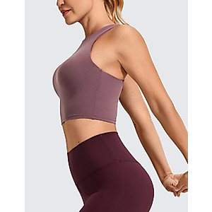 CRZ YOGA Women's High Neck Longline Sports Bra - Padded Racerback Yoga Bra Crop Tank Top with Built in Shelf Bra Antique Bark Medium