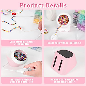 Clay Bead Spinner and Seed Bead Spinner, 2-in-1 Electric Bead Spinner for Jewelry Making, Bracelet Spinner and Necklace Making Machine with Bead Needles and Thread (Pink), (Beads Not Included)