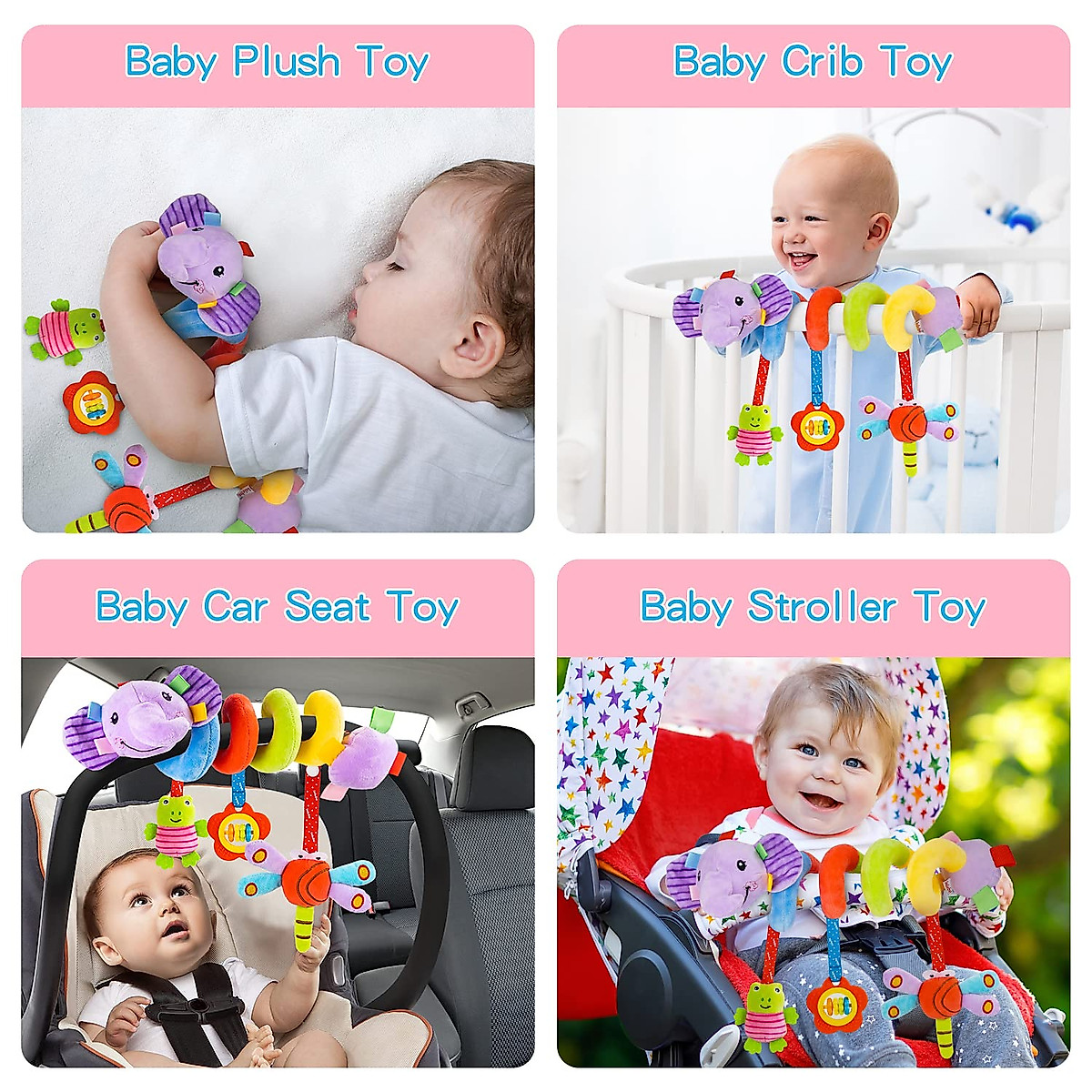 Funsland Spiral Stroller Toy for Infants Spiral Car Seat Toys Hanging Toy Clip on Crib Car Seat Stroller Soft Plush Baby Toy for Baby Boys and Girls 3 Months & up