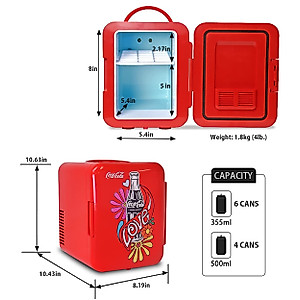 Coca Cola Love 1971 Series Portable 6 Can Thermoelectric Mini Fridge Cooler/Warmer, 4 L/4.2 Quarts Capacity, 12V DC/110V AC for home, dorm, car, Bedroom beverages, snacks, skincare, cosmetics