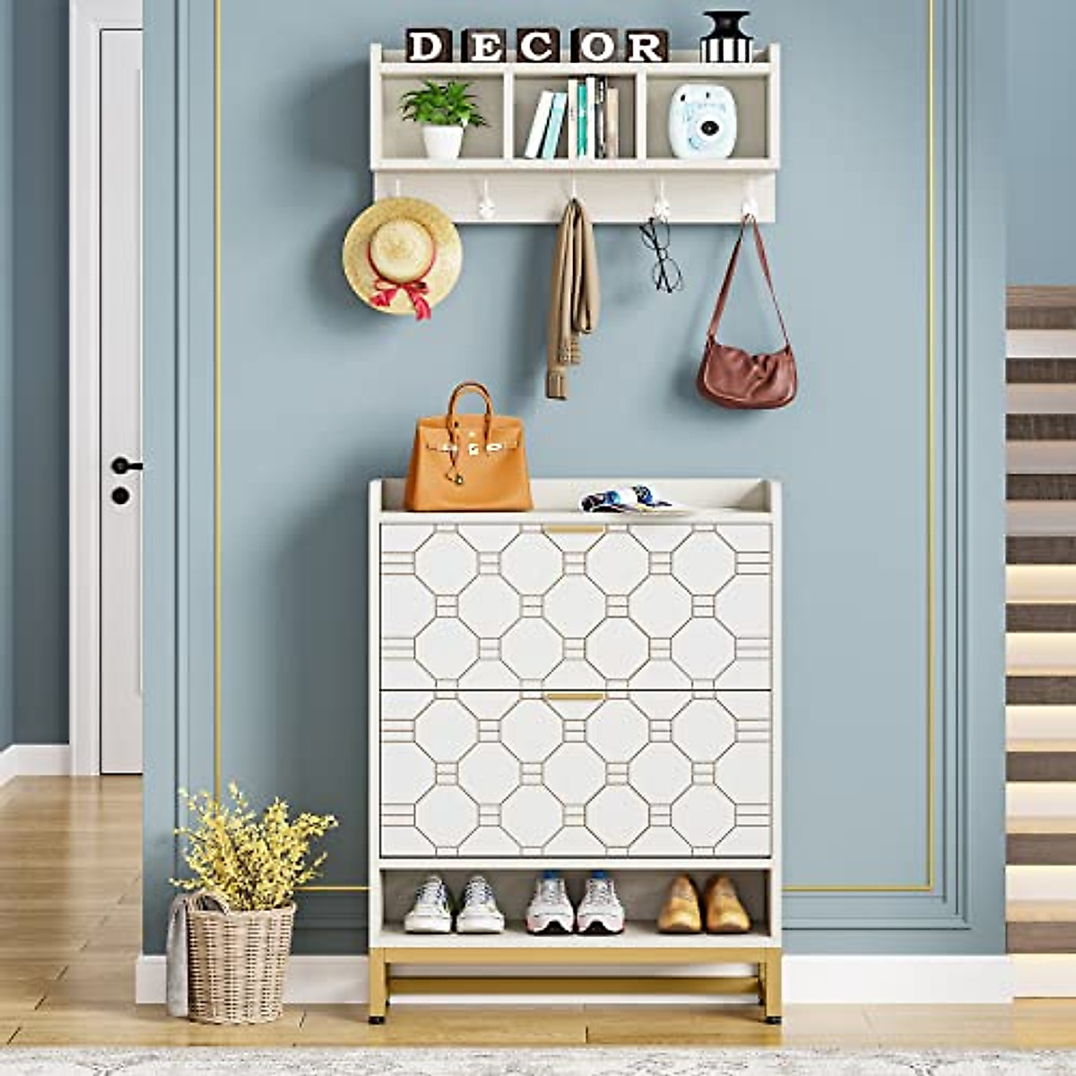 Tribesigns Shoe Storage Cabinet with Cubby Coat Rack, 3-in-1Design Free Standing Entryway Shoe Rack Cabinet with 2 Flip Drawers,5 Hooks,3 Storage Cubbies for Hallway, Mudroom, White and Gold