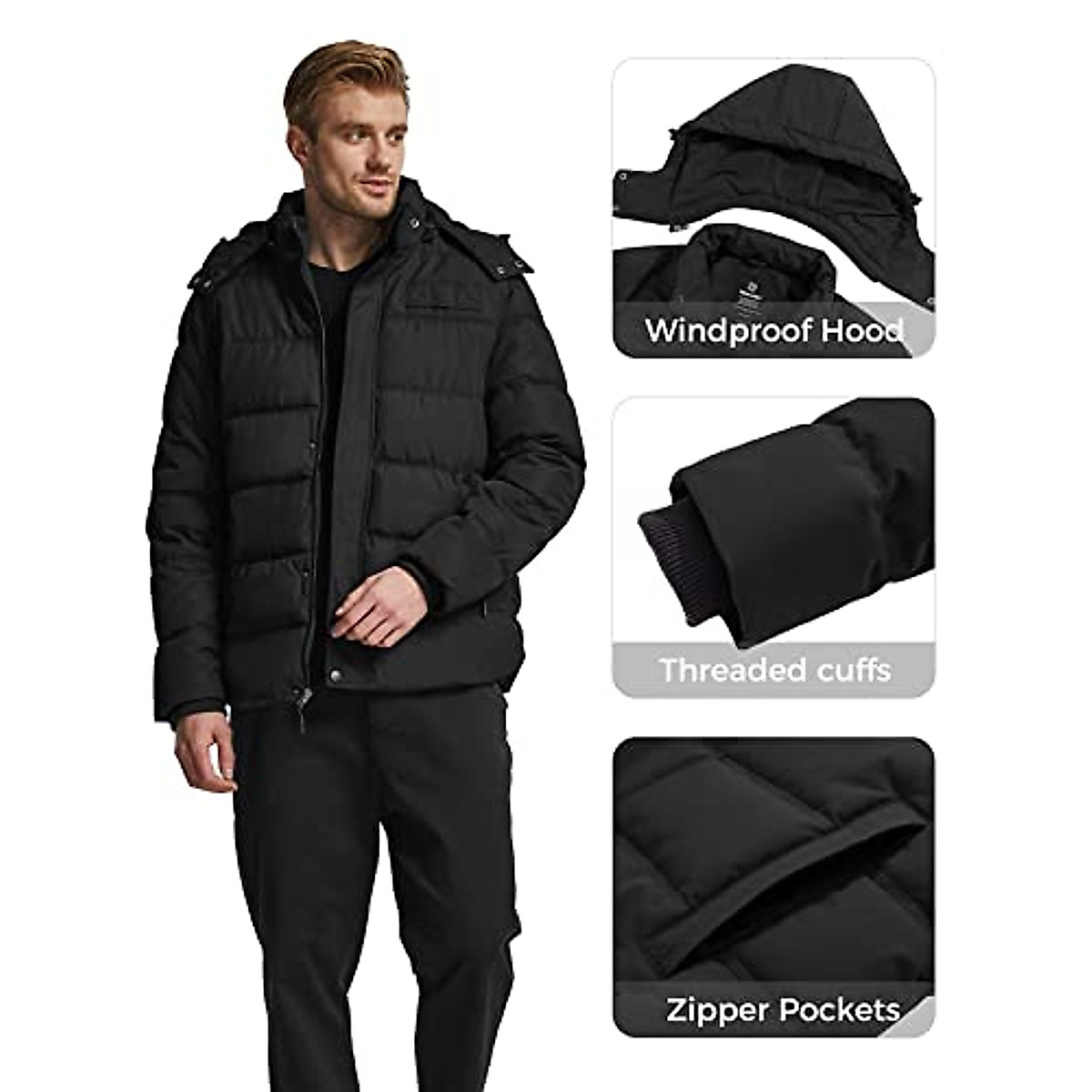 Wantdo Men's Waterproof Quilted Puffer Jacket Thicken Warm Winter Coat (Black, Small)