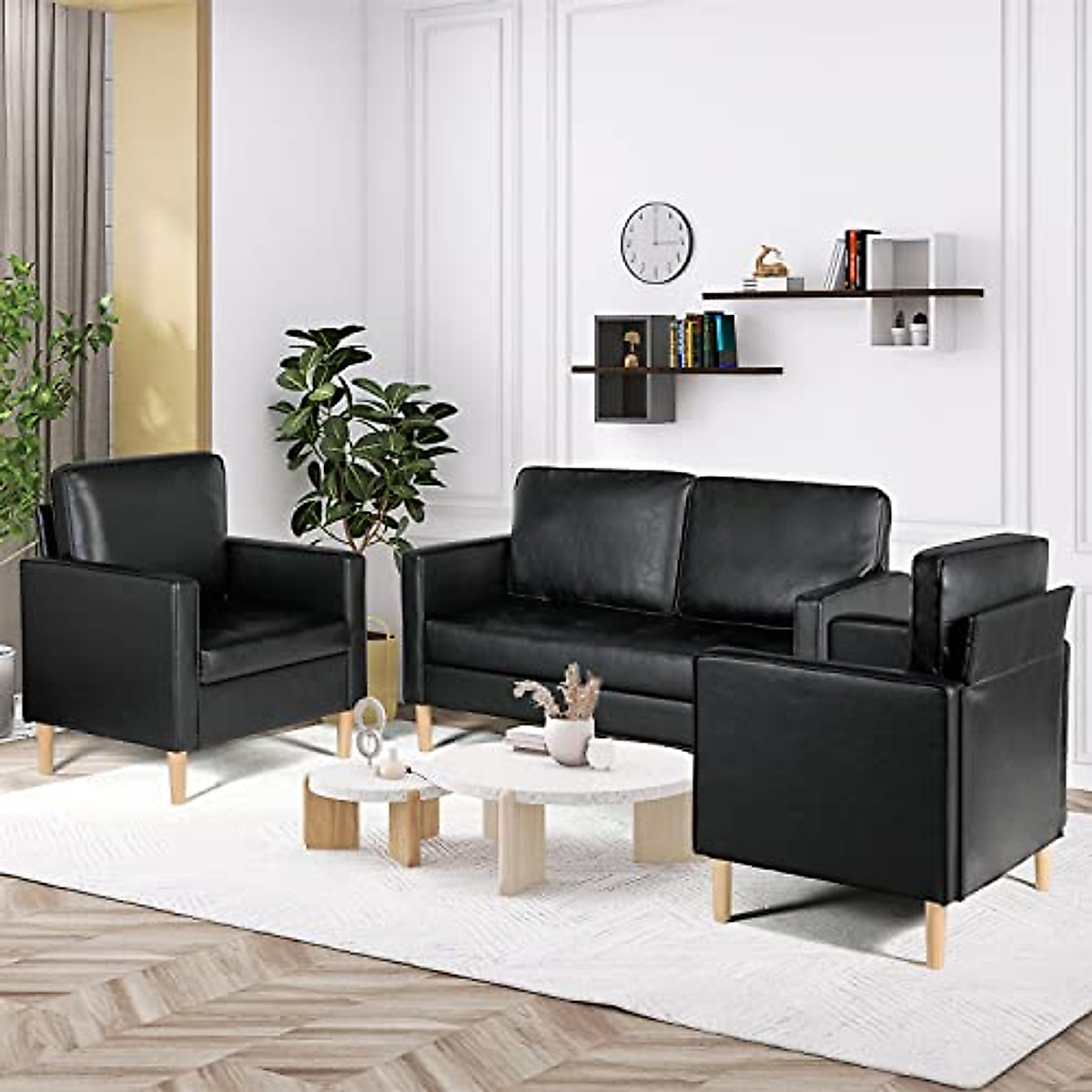 AILEEKISS Mid-Century Sectional Sofa Set Faux Leather Office 3 Pcs Couch Set with Armrest Modern Upholstered Loveseat Couches (1-Seater+1-Seater+2-Seater, Black)