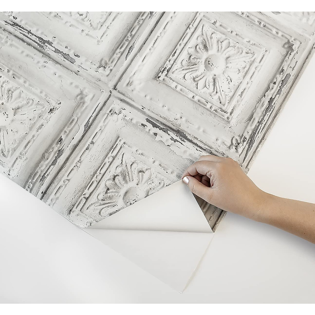 NextWall Distressed Faux Tin Tile Peel and Stick Wallpaper