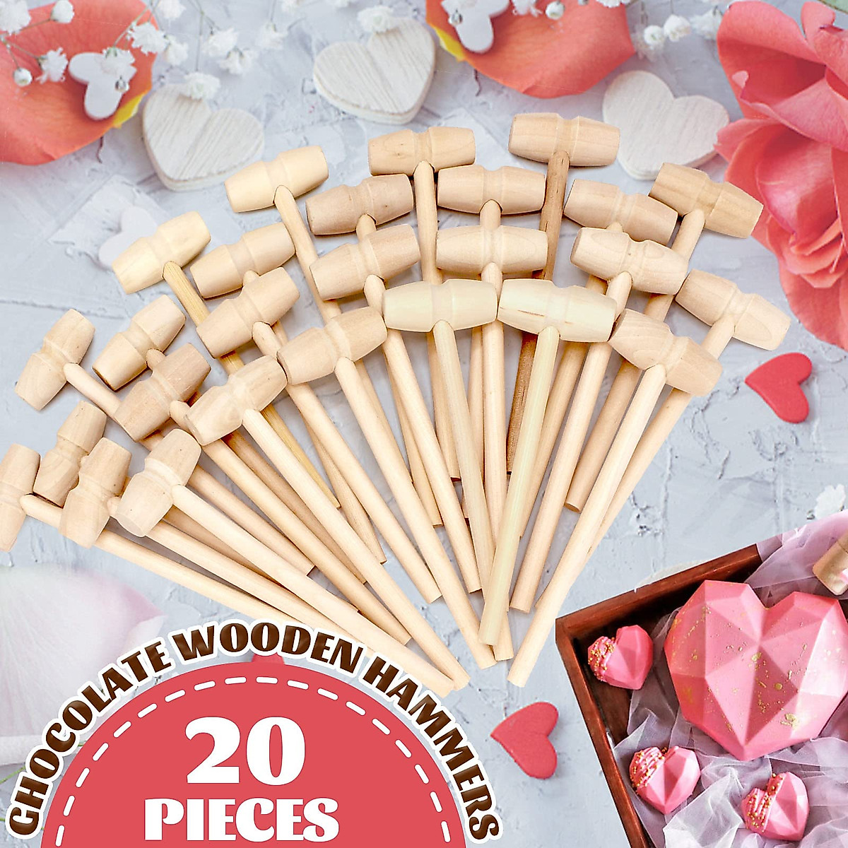 Hidreas 20 PCS Mini Wood Hammers Wooden Hammer for Breakable Heart Chocolate Heart, Wood Lobster Crab Mallet