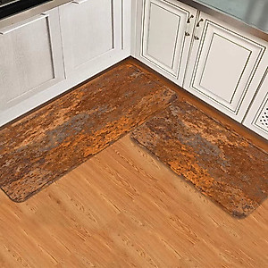 Kitchen Rug Set of 2 Iron Brown Copper Old Rusty High Abstract Damaged Orange Rustic Aged Corrosion Dirty Steel Anti Fatigue Non Skid Washable Cushion Doormat Bathroom Runner Rugs Bedroom Area Carpet
