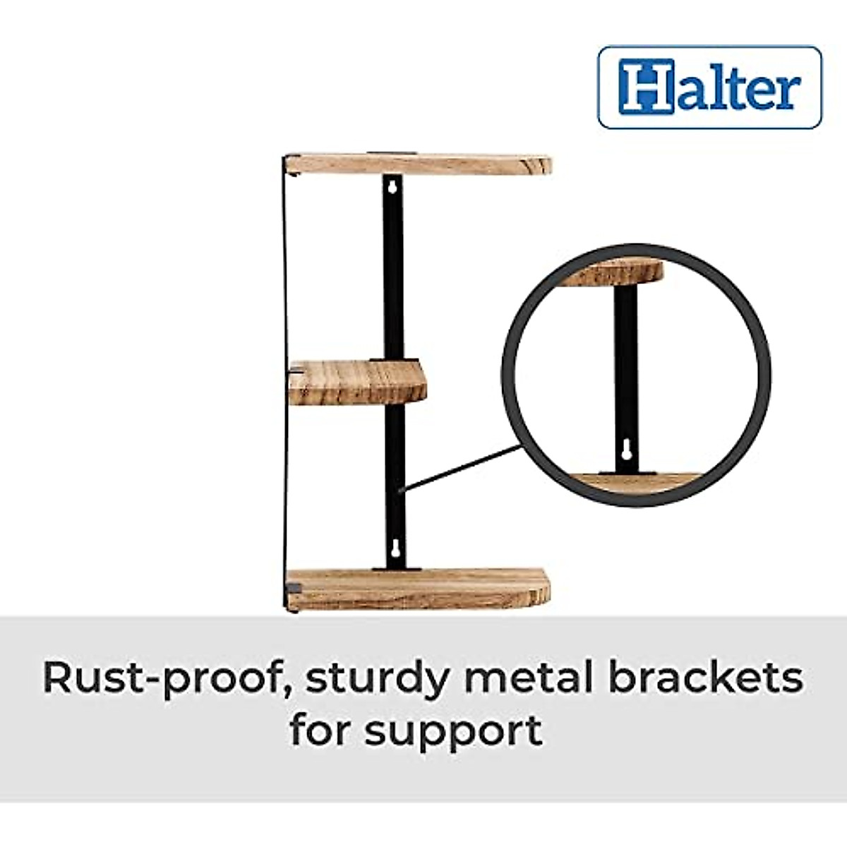 Halter Floating Corner Shelves, Wall Mounted Corner Shelves, Hanging Shelves, Floating Corner Shelves with Metal Brackets for Bathroom, Bedroom, Bookshelves and More, 3 Tier, Brown Wood