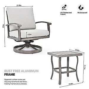 HAPPATIO Aluminum Outdoor Bistro Set - 3 Piece Swivel Rocker Patio Chairs with Thick Cushions and Side Table, Small Patio Furniture Set for Backyard Porch Balcony Front Porch (Gray)