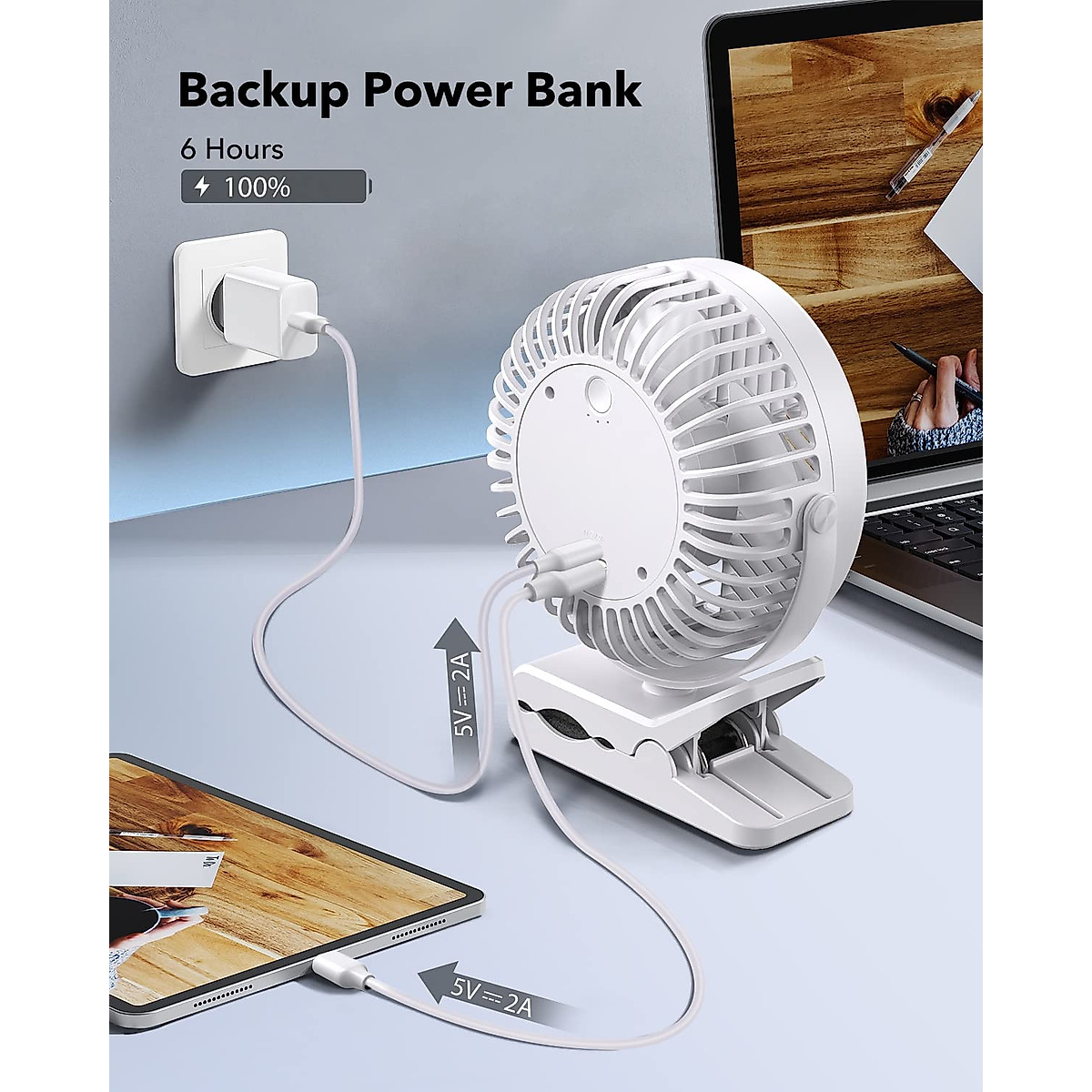 GEHEN Portable Clip on Fan, Cordless Small Desk 10000mAh Battery Operated, Rechargeable Table 3 Speeds Quiet Personal 360° Rotate Cooling Fan for Bedroom Office Stroller Camping White,D1PB005100002