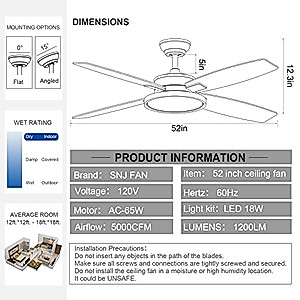 SNJ 52 inch Black Modern Ceiling Fan with LED Lights and Remote Control for Home Bedroom, Living Room, Dining Room, Noiseless Motor, Reversible 4 Blades, Low Profile Celing Fans 1095