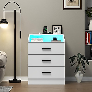 Gyfimoie 3 Drawer Dresser for Bedroom with Power Outlet, White Dresser with LED Light, Modern Dressers with Open Storage Cubby, Chest of Drawers Storage Organizer for Hallway, Living Room (White)…