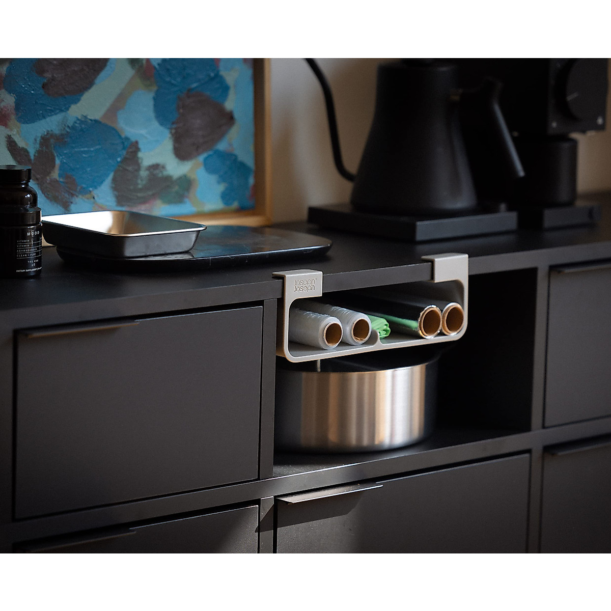 Joseph Joseph CupboardStore Spice Organizer 3M Tape Under-Shelf Pull Out Drawer Storage for Cabinet, One-size, Gray/White & 85177 CupboardStore Plastic Wrap, Foil and Bag Cabinet Organizer - Gray