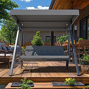 MUPATER Patio Porch Swing Chair, 3-Seat Outdoor Canopy Swing Glider with Stand and Cushion for Outside, Backyard and Deck, Grey