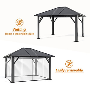 GARTOO 10' x 12' Patio Hardtop Gazebo - Outdoor Metal Hard Top with Breathable Mesh, Galvanized Steel Top Gazebo for Garden, Lawn, Outdoor Party (Black)