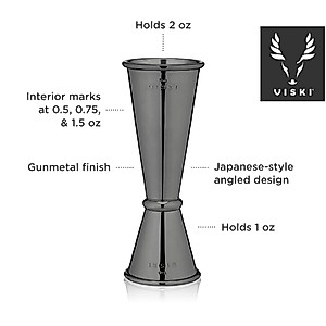 Viski Japanese Style Double Jigger for Cocktails, Bar Kit Essential, 1oz and 2oz with Interior Measurements, Stainless Steel with Gunmetal Finish,Black