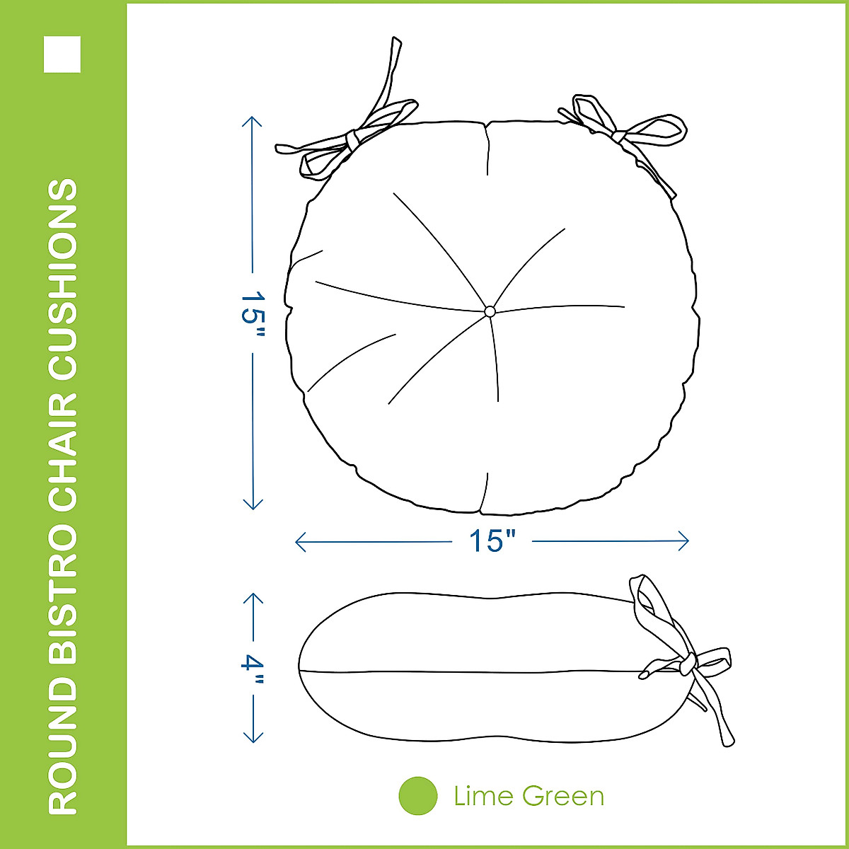 YOOZEKU Outdoor Round Bistro Chair Cushions,15 inch Round Seat Cushions with Ties for Outdoor Patio Chairs,Set of 2,Lime Green