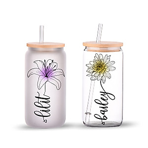 Grifil Zero Birth Month Flower Glass Tumbler, Frosted Glass Tumbler, Bamboo Lid Coffee Cup, Horoscope Birth Month Floral Design, Birthday Flower