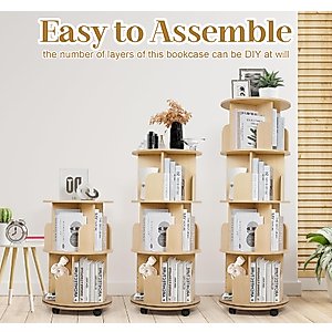 tonchean 4 Tier Rotating Bookshelf Tower,Wood Revolving Bookcase with Wheels Vertical Kids Toddler Bookshelf with Storage,Corner Display Bookshelf Rack for Library Study Office Living Room