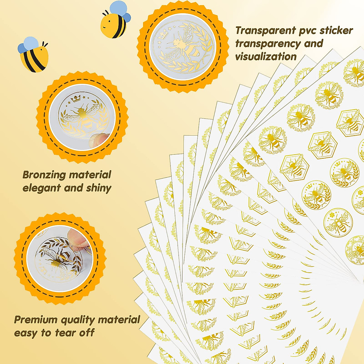 Gueevin 400 Pcs Bee Gold Foil Stickers Gold Envelope Seal Stickers Clear Envelope Seals Self Adhesive Stickers for Greeting Invitation Thanksgiving Christmas Birthday Wedding Party Gift Wrapping