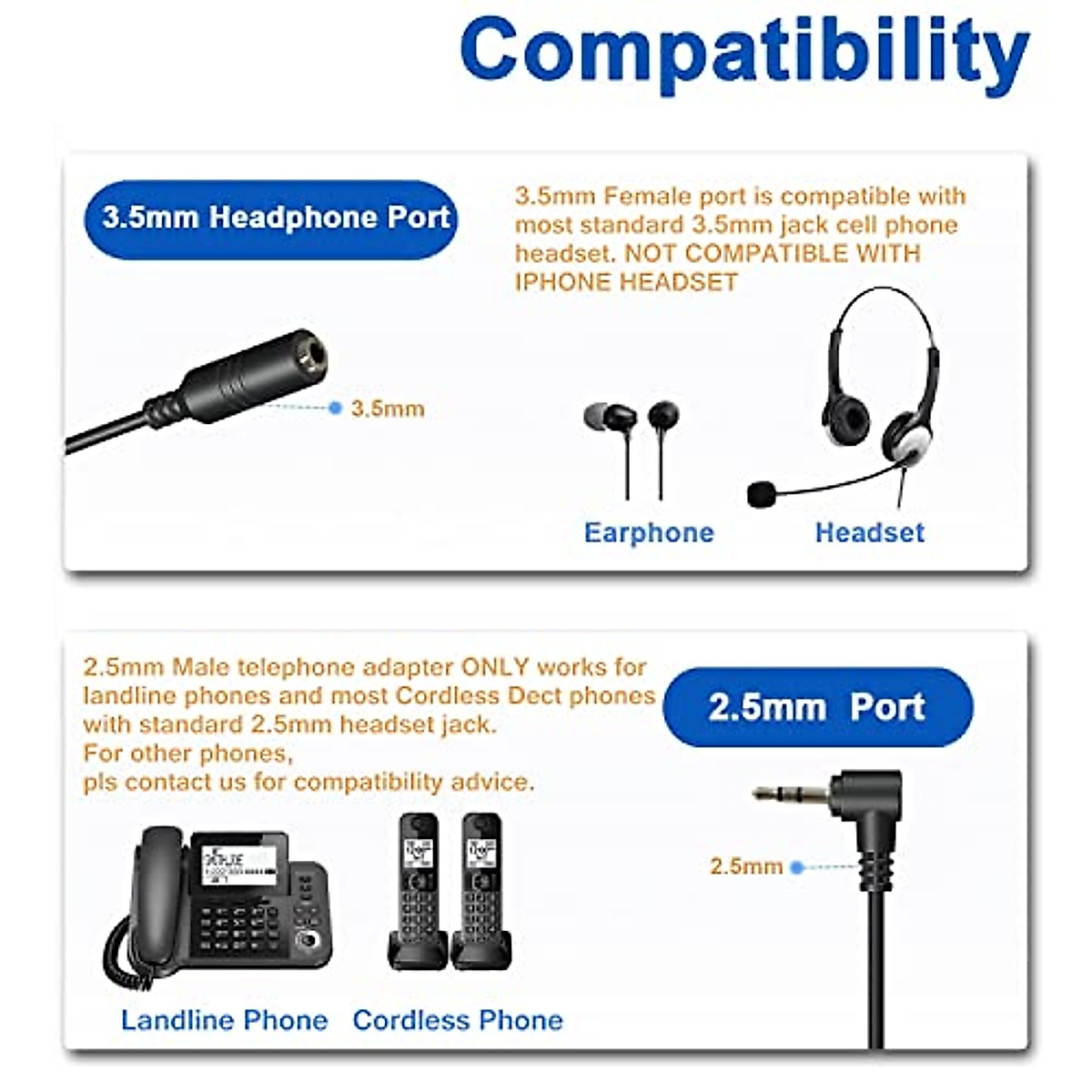 Callez 3.5mm Female to 2.5mm Male Headphone Adapter Cable Connector, Suit for Smartphone Headset Convert to 2.5mm Jack Work for Telephone and Cordless Phones with 2.5mm Headset Jack