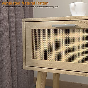 LAATOOREE Nightstand Set of 2, Boho Bedside Table with Rattan Door Solid Wood Feet for Bedroom Living Room Small Space