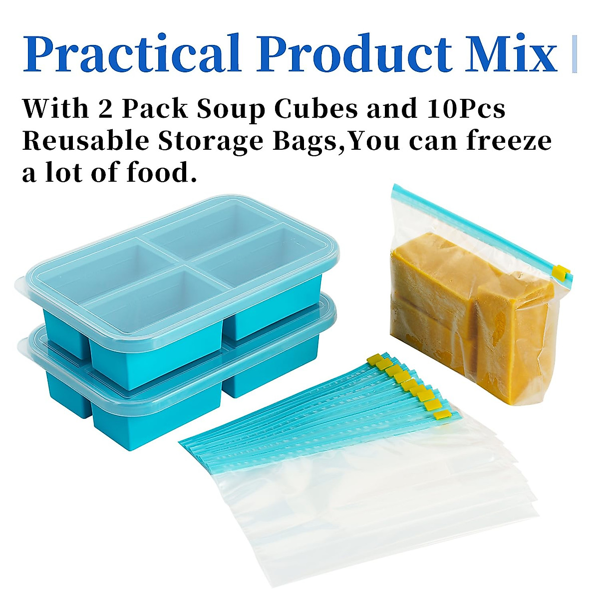 NICITY 1-Cup Soup Cubes Freezer Tray with Lid，Large Silicone Soup Freezer Molds for Storing and Freezing Soup Sauce Broth Ice Leftovers(2Packs+10Pcs Reusable Storage Bags)