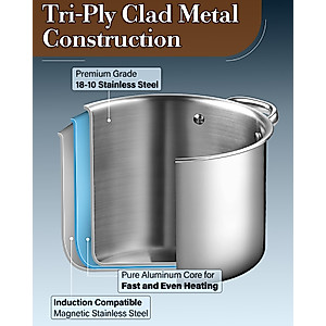 Cook N Home Stainless Steel Stockpot 8 Quart, Tri-Ply Clad Stock Pot with Glass Lid, Silver