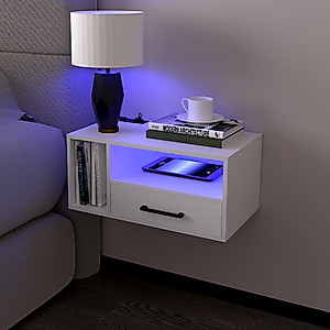 Homaterial Floating Nightstand with Charging Station and LED Lights, Floating Bedside Table with Drawers Wall Mounted Nightstands,for Bedroom Room, 21.3" x 11.8" x 10",White