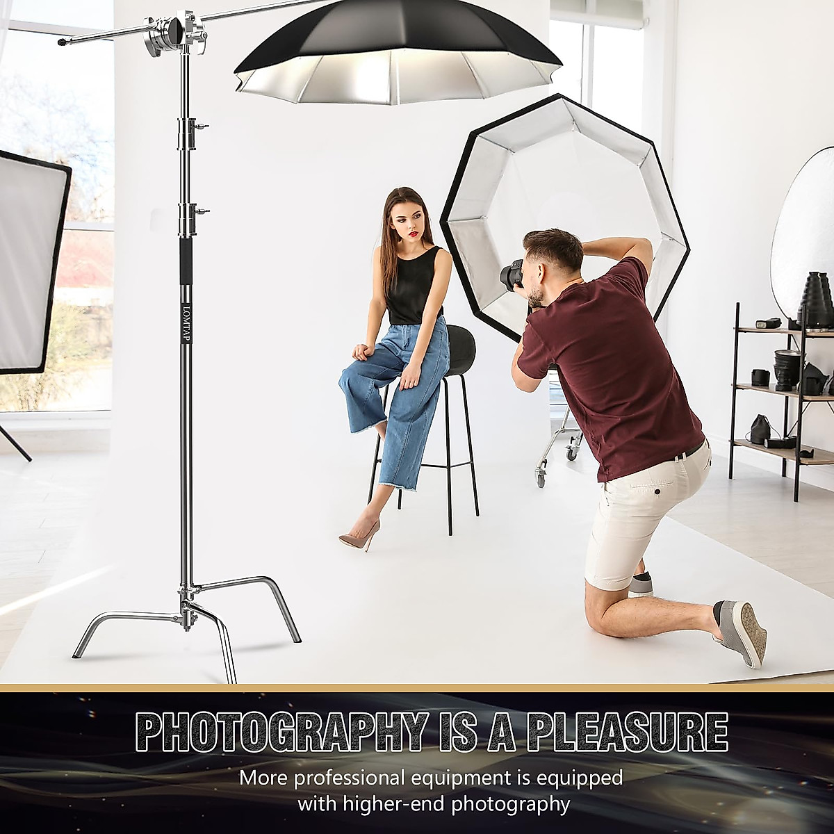 LOMTAP C Stand Light Stand Stainless Metal Photography Kit - Heavy Duty 6.8ft/210cm Vertical Pole, 2.8ft/87cm Boom Arm, Adjustable Base, Water Sandbag, 2 Grip Heads, 3 Clips for Softbox, Reflector