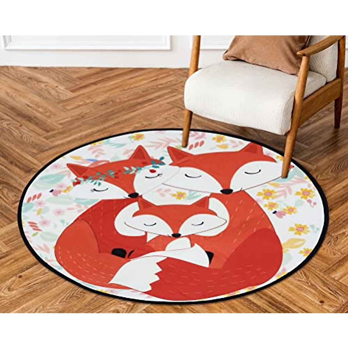 BVOGOS 4’Ft Lovely Floral Foxes Large Round Area Rug, Ultra Soft Kids Floor Playing Mat for Bedroom Living Room Baby Room, Non-Skid Lightweight Foam Rugs Home Decor
