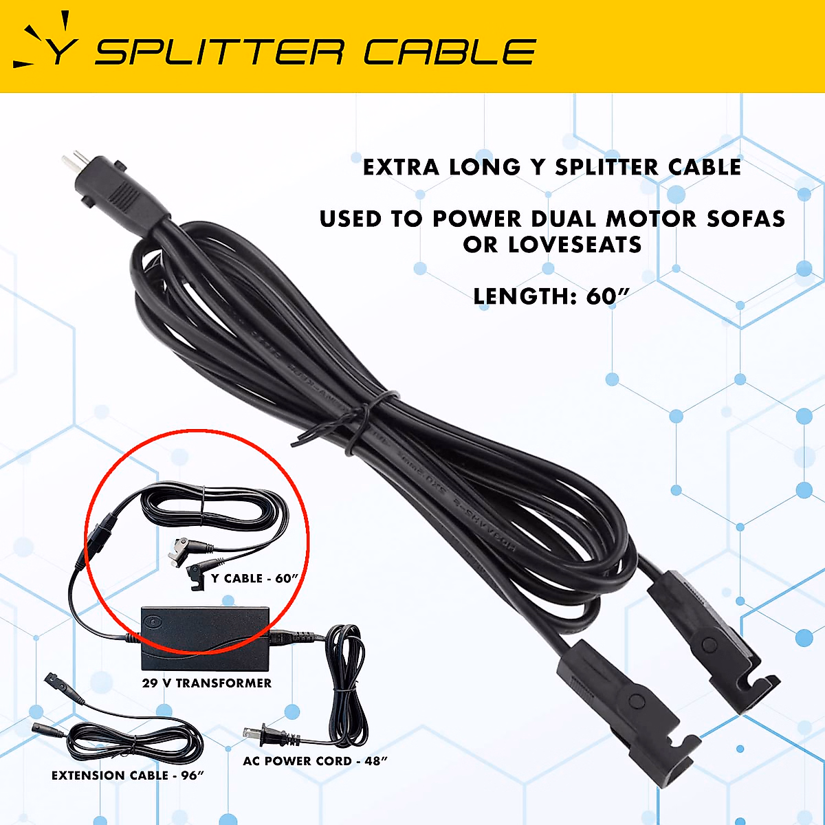 Universal Dual Power Supply Transformer Kit for Electric Reclining Furniture Power Recliner, Lift Chairs, Sofa or Sectionals - 29V 2A AC Power Cord Cable, Extension Cable and Y Cable (Not a Battery)