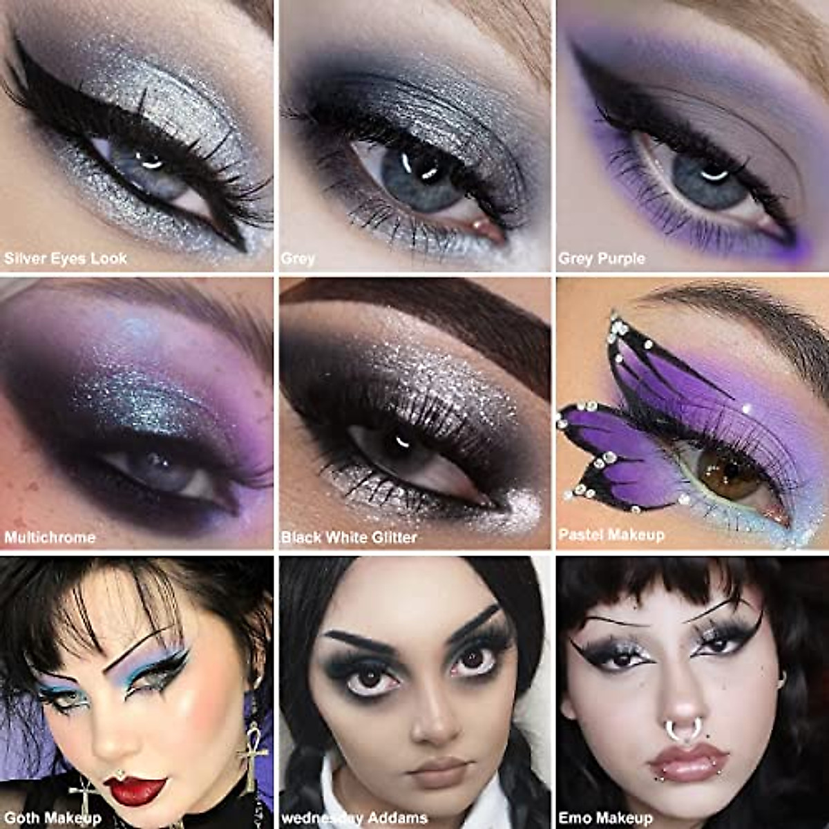 Afflano Smoky Grey Eyeshadow Palette, Highly Pigmented Silver Glitter Black White Gray Smokey Eye Eyeshadow Makeup, Emo Goth Halloween Makeup, Purple Blue Cool Toned Dark Eye Shadow Pallet