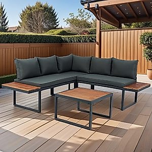 CABSETT 4 Piece Outdoor Furniture Set, L-Shaped Patio Wicker Sectional Sofa Seating Group Conversation Sets Built-in Side Tables and Cushions Suit for Gathering, Rustproof & Weatherproof, Dark Gray