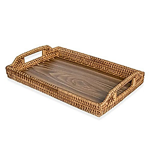 Rattan Decorative Tray with Natural Wood - Coffee Table/Ottoman Tray - Vanity Tray - Fruit Basket - Serving Tray (Small)