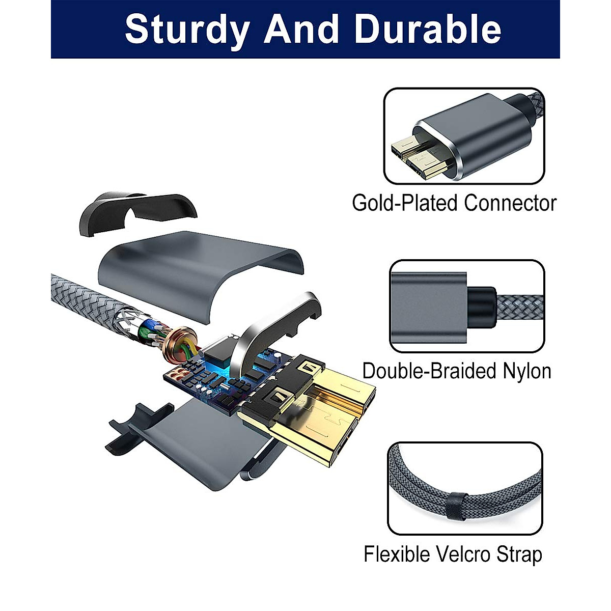 AkoaDa 3.3ft USB Micro B Cable 3.0, External Hard Drive Cord USB A to Micro B Cord Nylon Braided Cord for Samsung S5/Note 3, Camera, Toshiba, Seagate Hard Drive, WD Hard Drive(Grey)