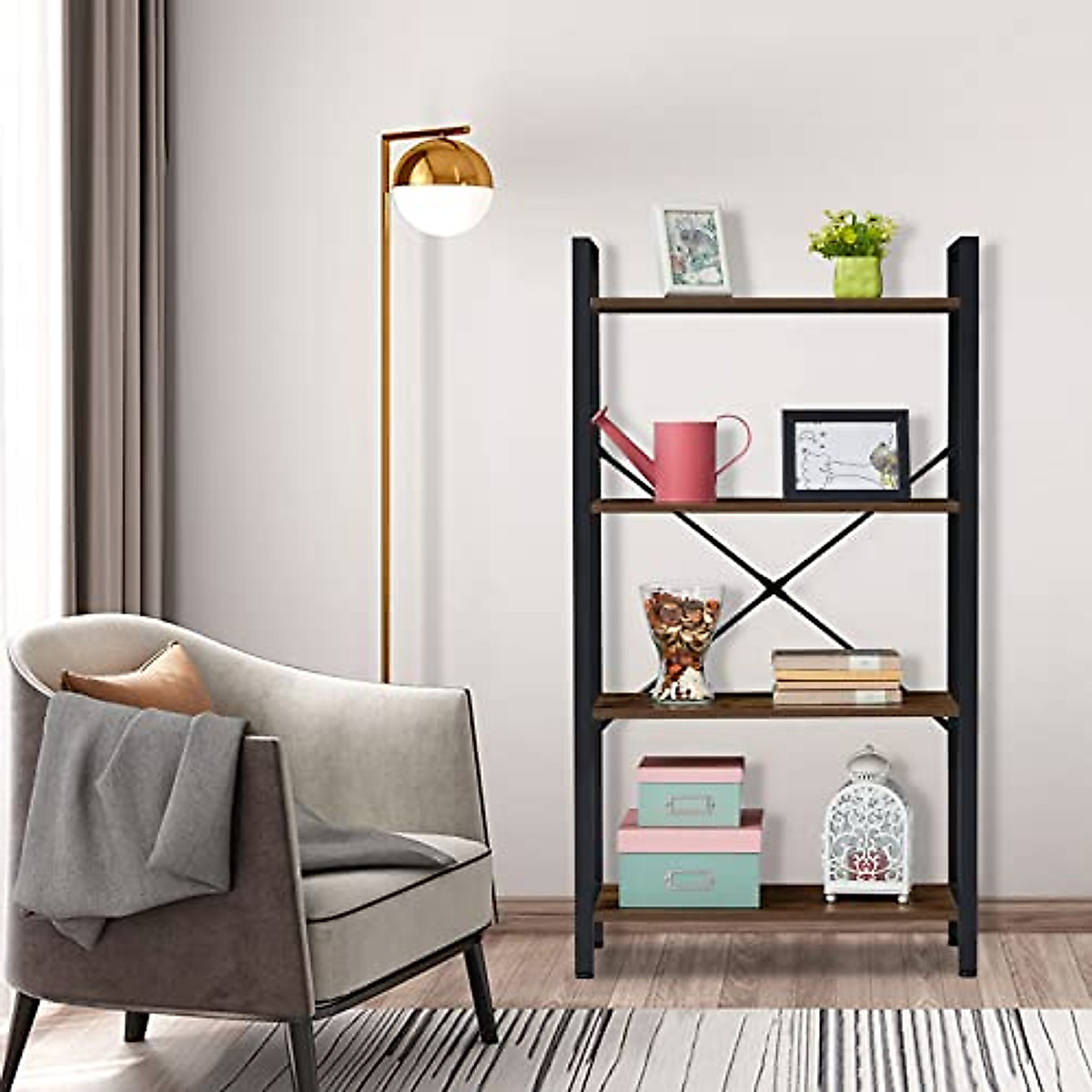 kinbor Bookshelves, Home Bookcase, 4-Tier Rustic Bookshelf, Wood Accent Modern Display Shelves Plant Stand Storage Organizer for Books, Potted Plant, Rustic Brown