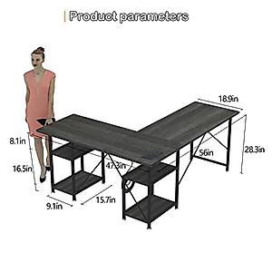 DLIUZ L Shaped Desk with Drawers，Computer Desk is Reversible Corner Large Gaming pc Table with USB Charging Port and Power Outlet,Long Writing Study Table with Shelve