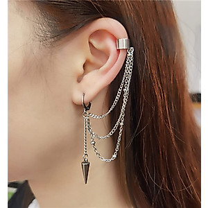 Vintage Tassel Dangle Ear Cuff Crawler Climber Earring for Women Stainless Steel Cartilage Small Hoop Wrap Vine Clip on Layered Chain Drop Fashion Lightweight Comfy Jewelry 1 Piece (Spike)