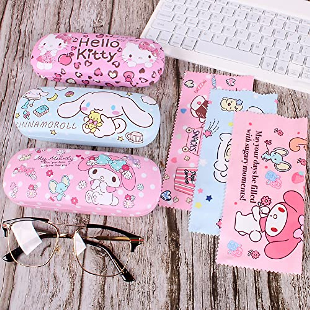ADBGV 3Pack Cute Kitty Hard Shell Eyeglasses Cases Cartoon Protective Case with Glasses Cloth Storage Box Eyewear Retainer Holder for Girl Teen