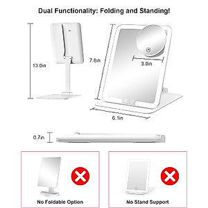 Gospire Travel Makeup Mirror with Lights and Magnification 10X, Portable Make Up Compact Tabletop with Adjustable Stand, 3 Colored Light Rechargeable Lighted LED Cosmetic Vanity- White