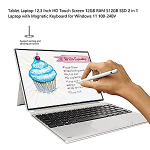 Yoidesu 2 in 1 Laptop, 12.3 IPS HD 3K Touch Screen Display, for J4125 Quad Core CPU, with Magnetic Keyboard, 2.4GHz/5GHz WiFi, 6000mah Battery, BT Laptop Computer for Win 11