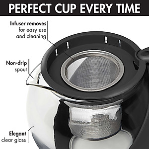 Primula Half Moon Teapot with Removable Infuser, Glass Tea Maker, Stainless Steel Filter, Dishwasher Safe, 40-Ounce, Black